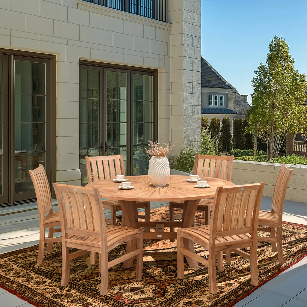 7 Piece Teak Wood Dining Set including 59" Round Sun Table with 6 Abaco ...