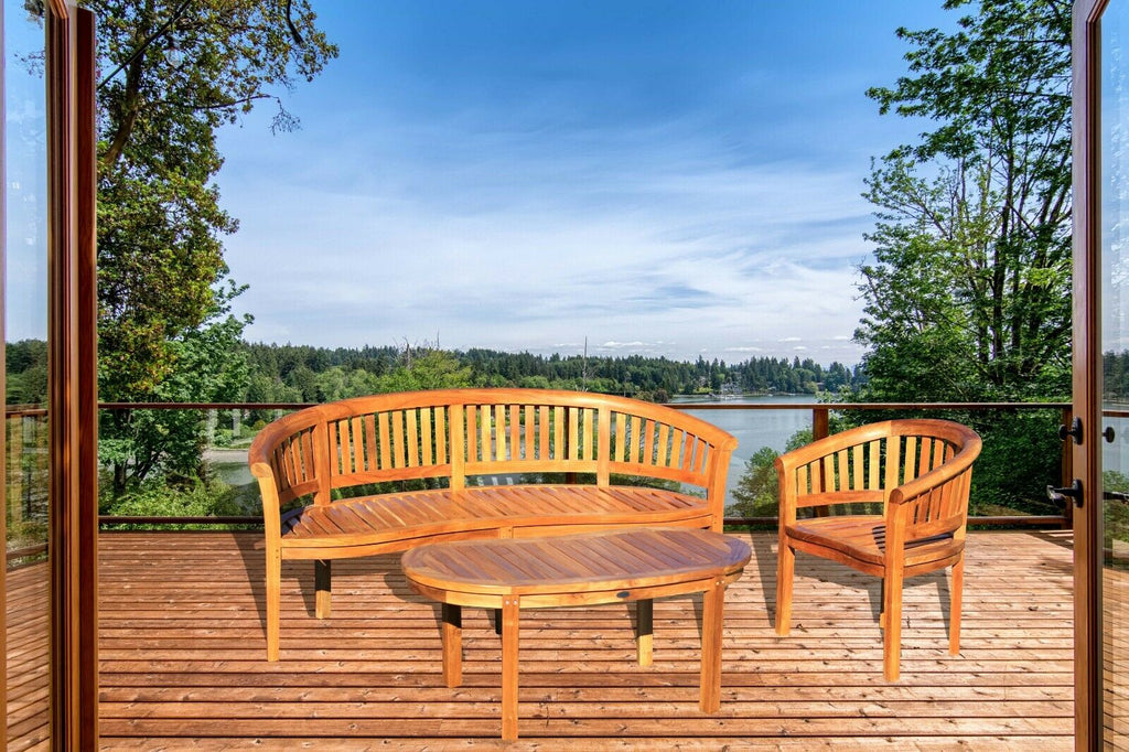 3 Piece Teak Wood Peanut Patio Lounge Set, Triple Bench, Chair & Coffee ...