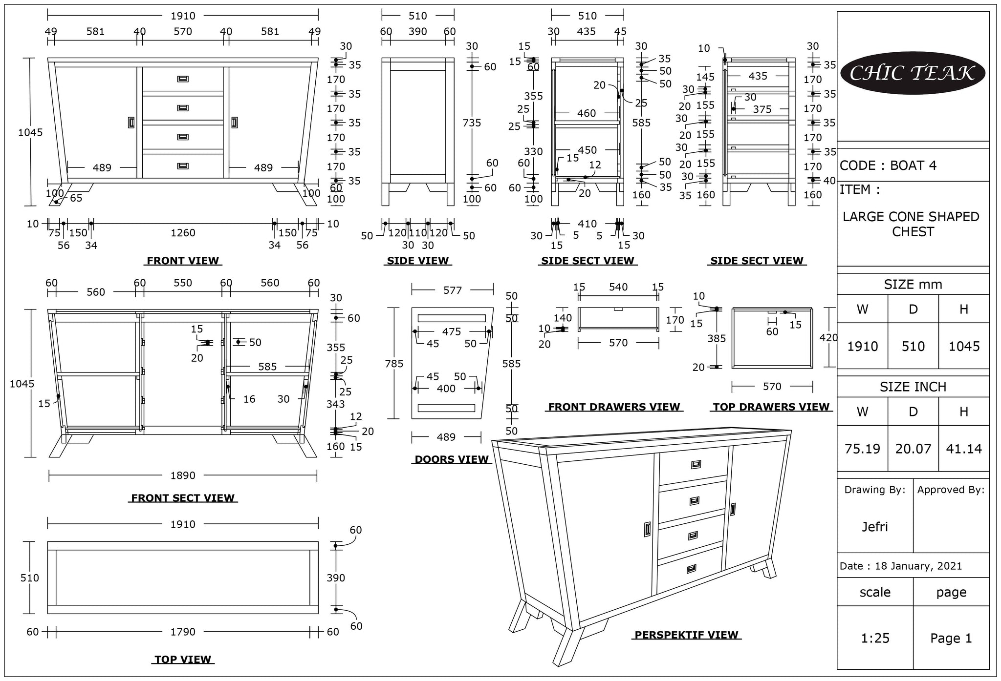 Marina del Rey Cone Shaped Buffet Made From Recycled Teak Wood Boats ...