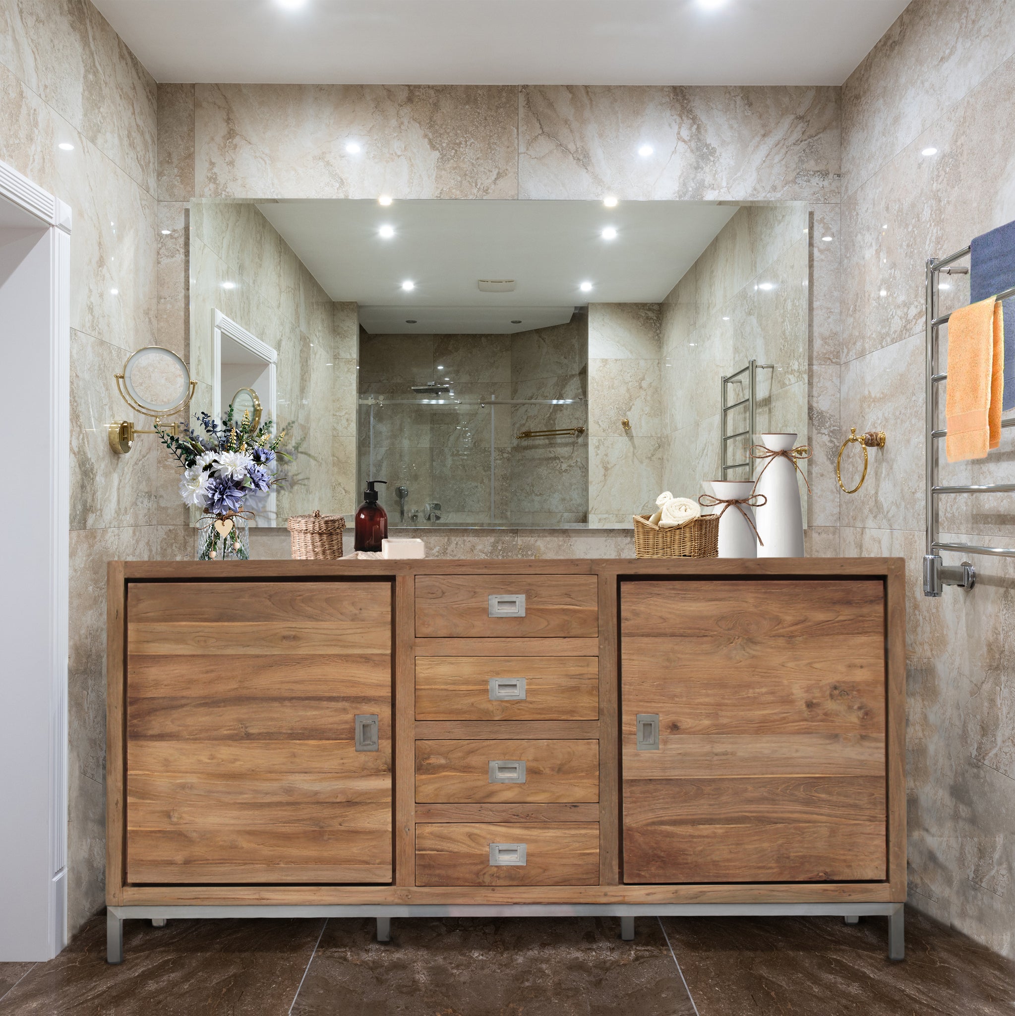 Recycled Teak Wood Alicante Bathroom Linen Cabinet with 4 Drawers & 2 ...
