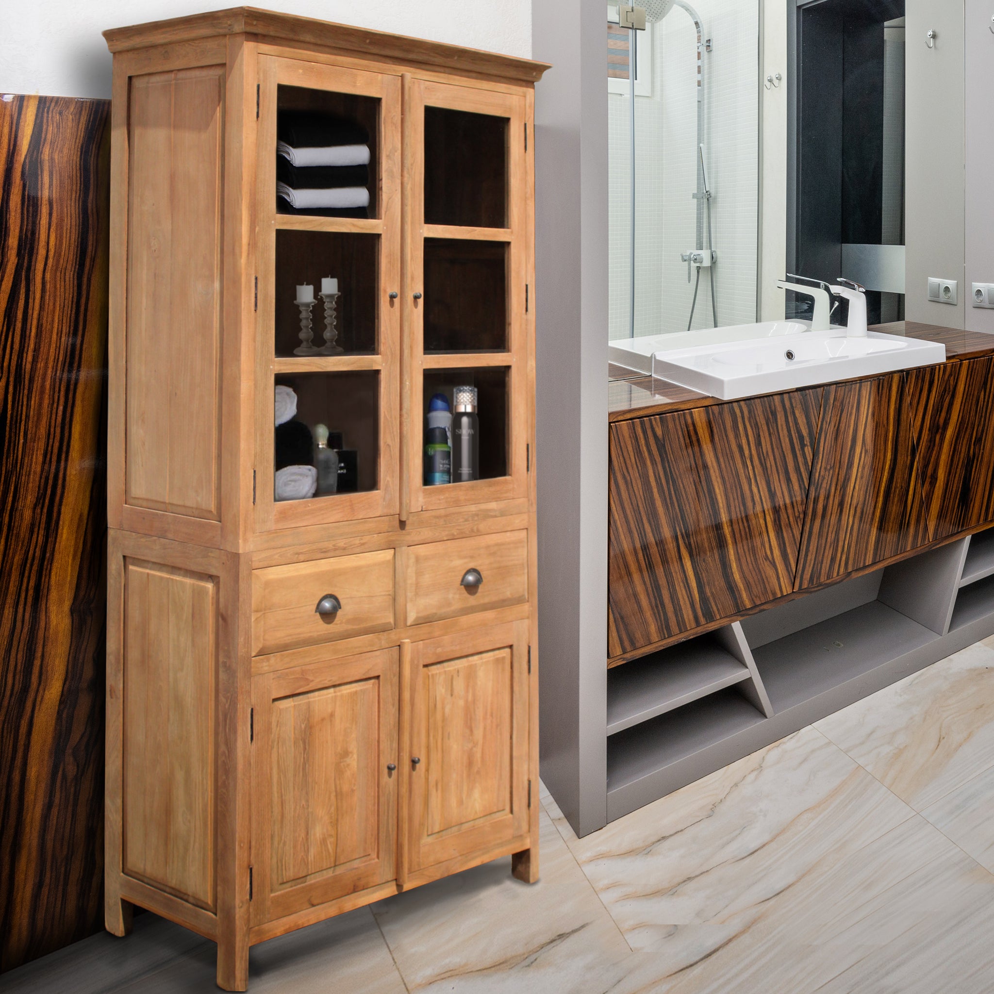 Recycled Teak Wood Sumatra Bathroom Linen Cupboard with 4 Doors and 2 ...