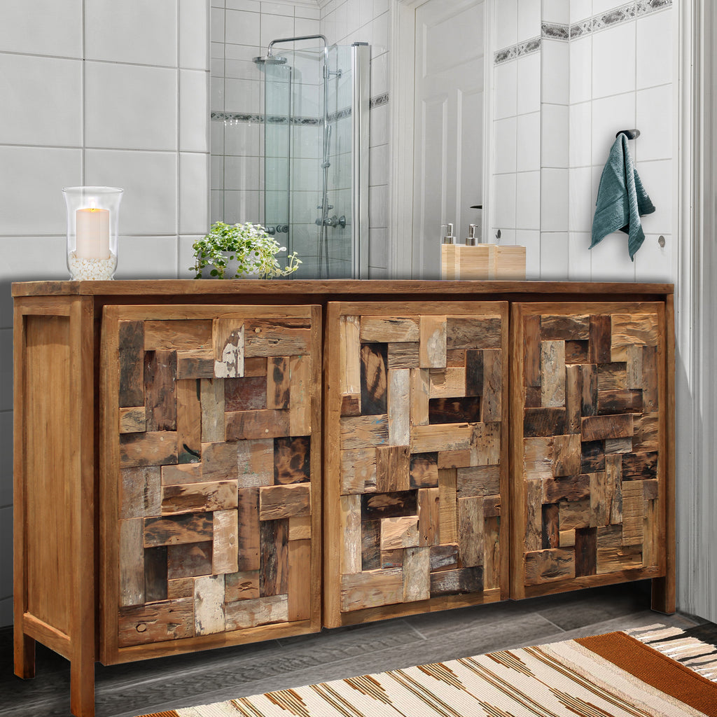 Recycled Teak Wood Apaza Bathroom Linen Cabinet with 3 Doors by Chic ...
