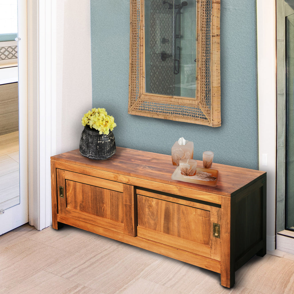 Waxed Teak Wood Sonoma Bathroom Linen Cabinet with 2 Sliding Doors by ...