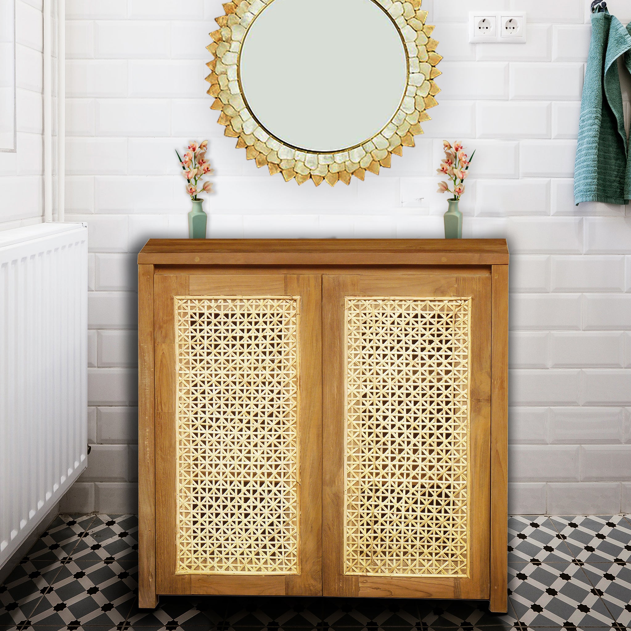 Recycled Teak Wood Antilles Small Bathroom Linen Cabinet with 2 Doors ...