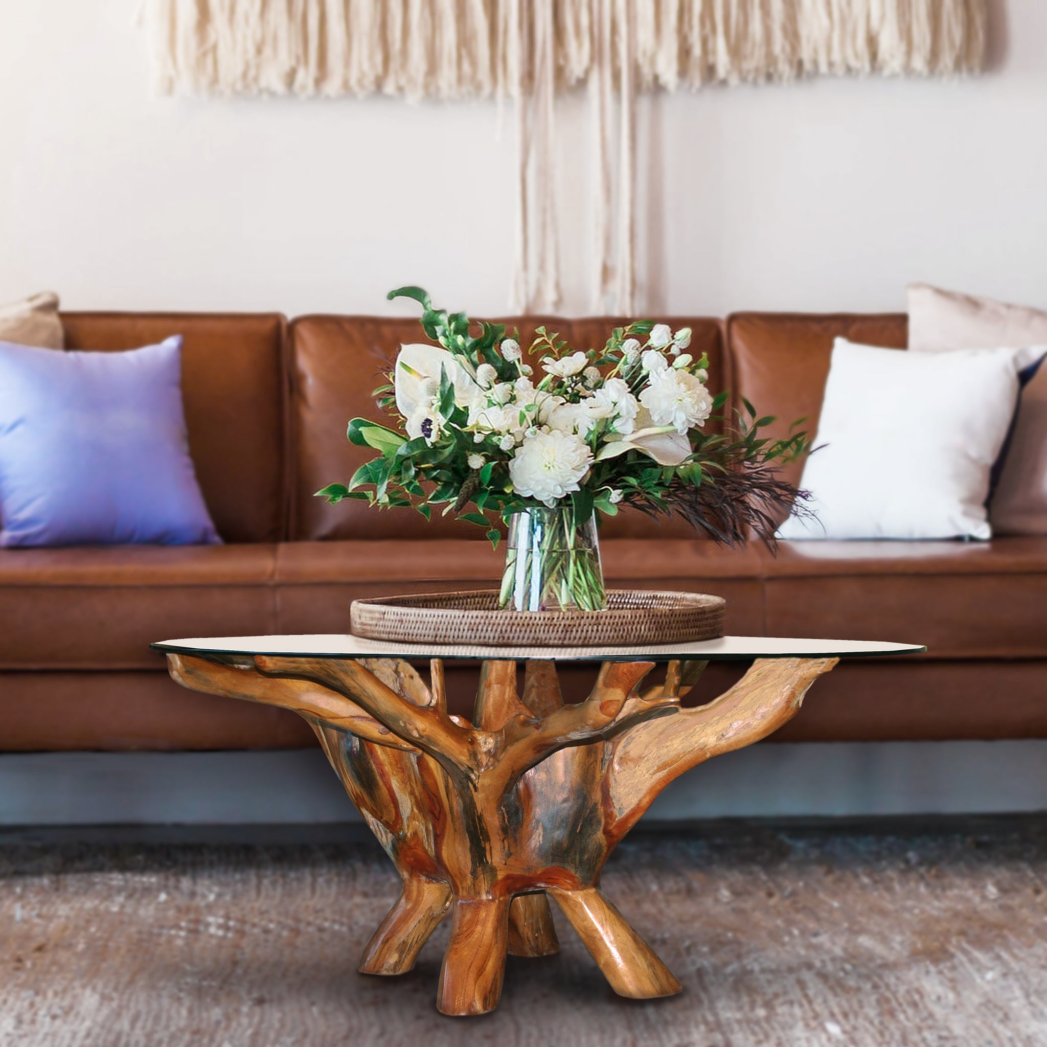 Teak Wood Root Coffee Table Including 43 Inch Round Glass Top by Chic ...