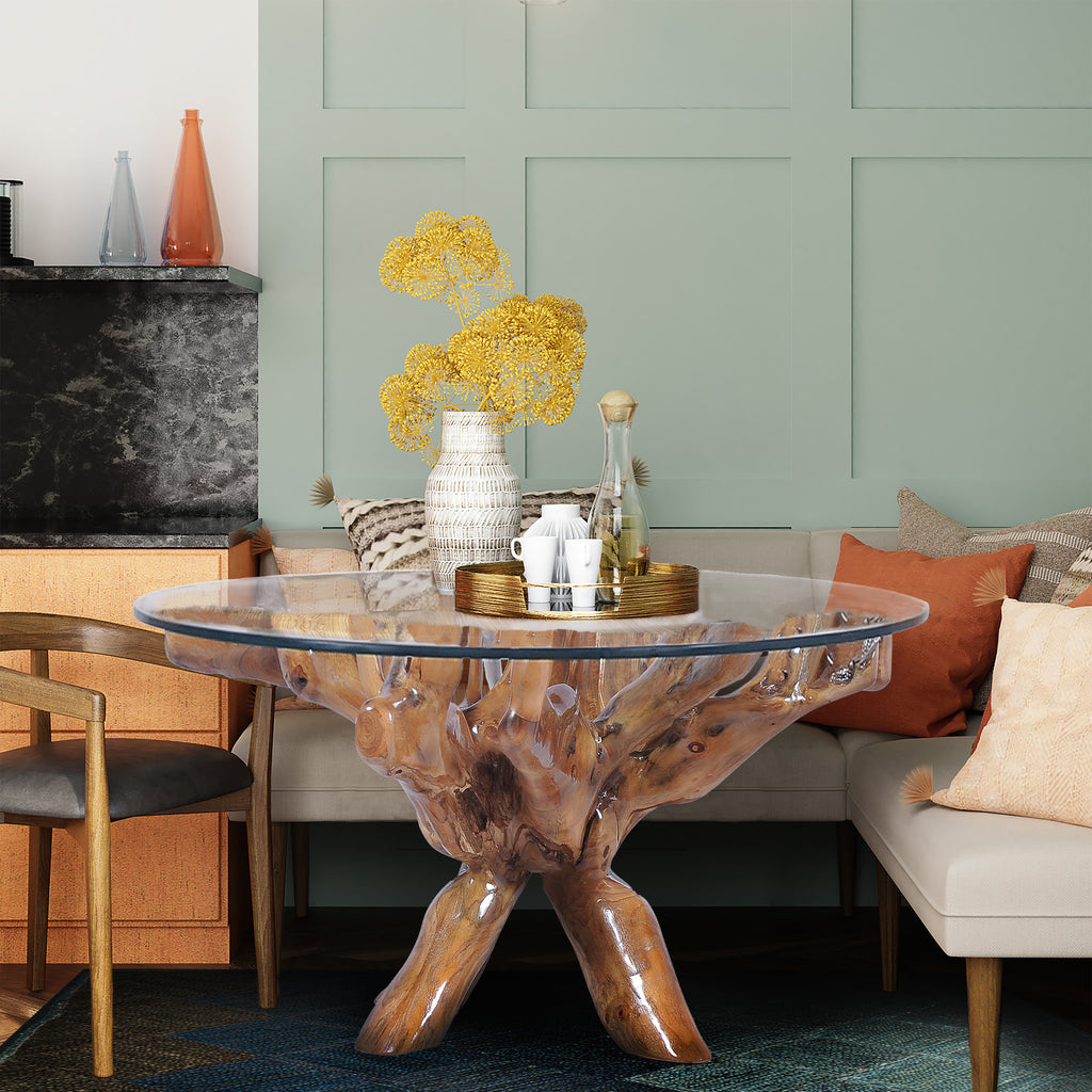 Teak Wood Root Dining Table Including 55 Inch Round Glass Top by Chic ...