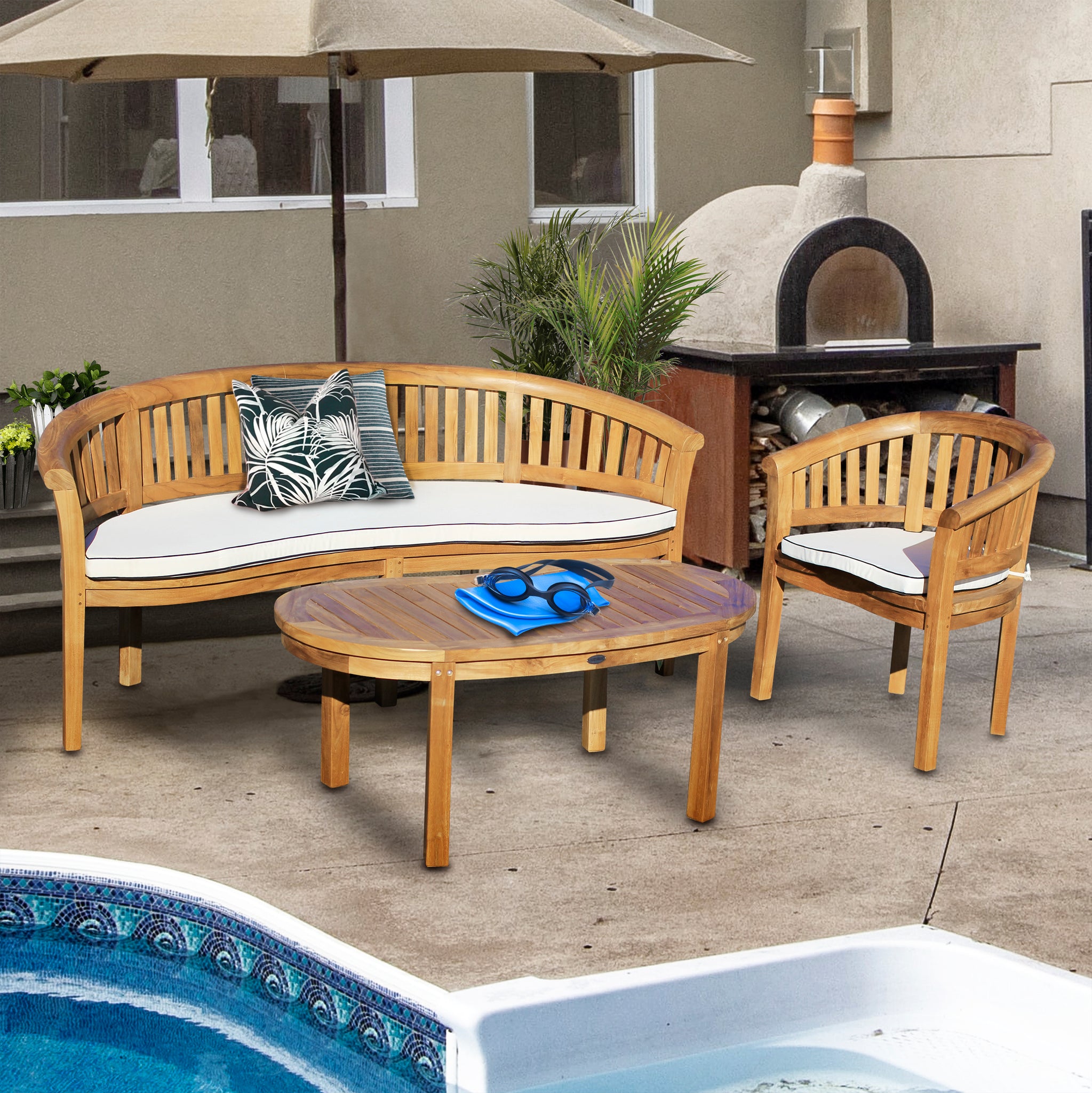 3 Piece Teak Wood Peanut Patio Lounge Set, Triple Bench, Chair & Coffee ...